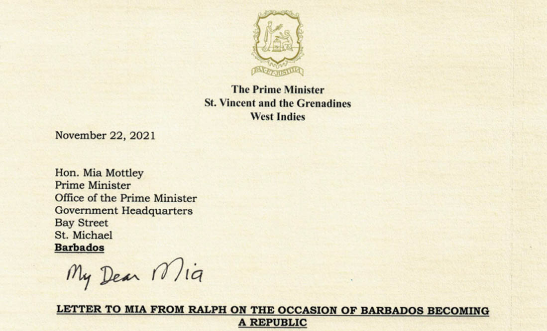 Letter to Mia from Ralph on the occasion of Barbados becoming a ...